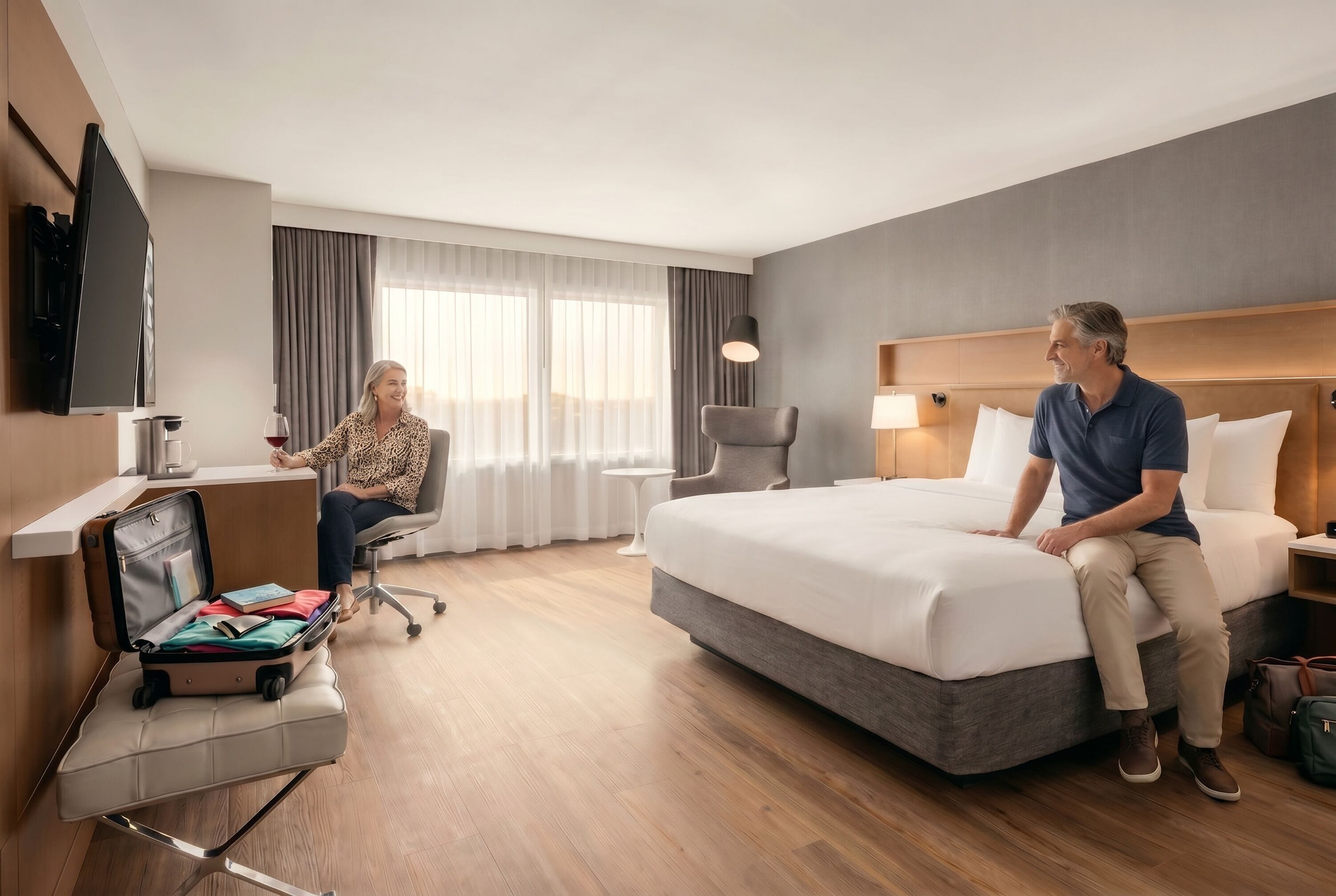 Quarto de hotel com cama, escrivaninha com computador, cadeira, mala e televisão.