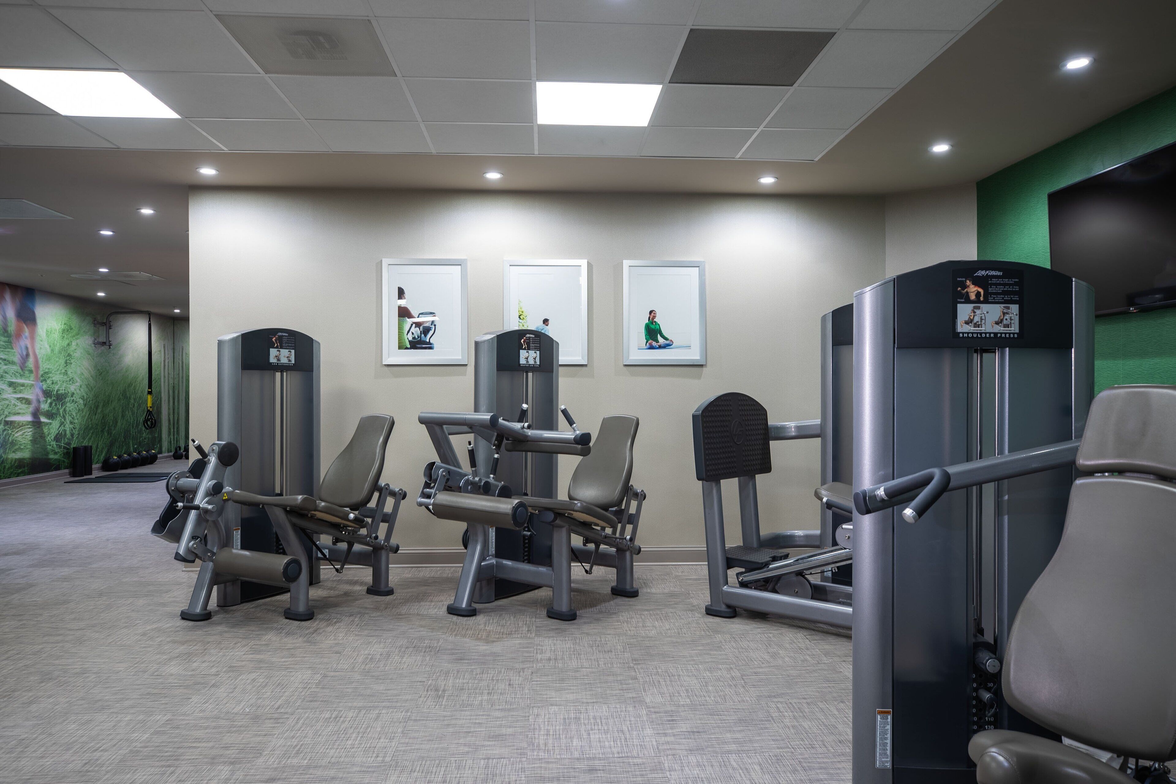 Uma academia com diversos equipamentos de exercício, uma parede verde com obras de arte e um teto com iluminação embutida.