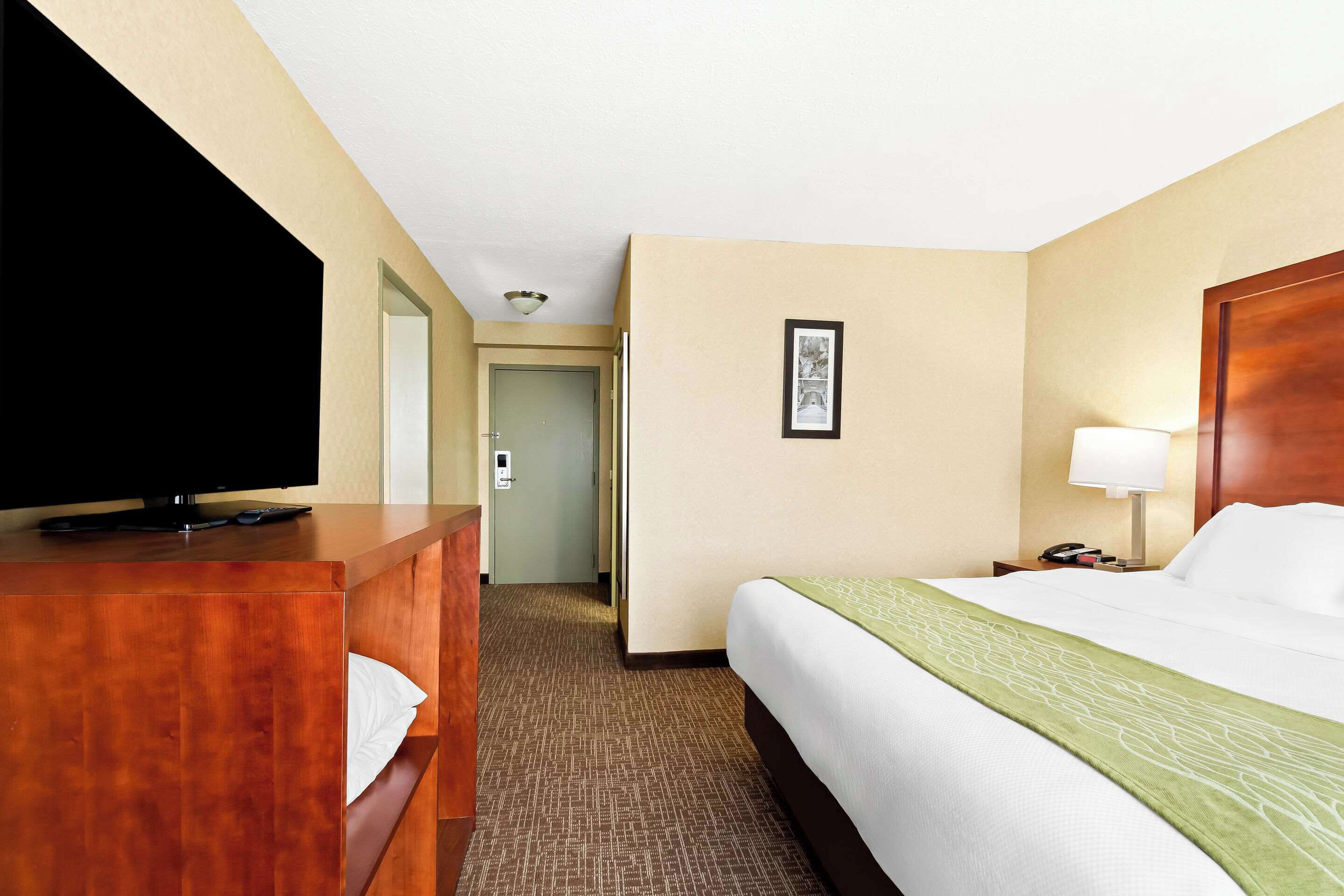 Quarto de hotel com cama, escrivaninha com televisão, luminária e quadro na parede.