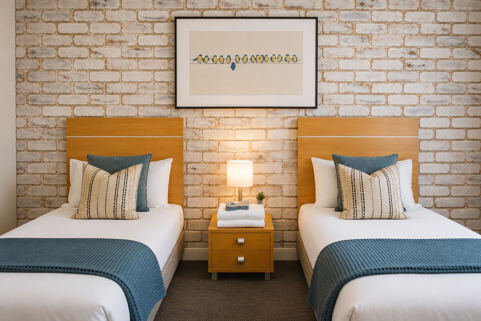 Quarto de hotel com duas camas, uma parede de tijolos, um quadro emoldurado e uma mesa de cabeceira com uma luminária.