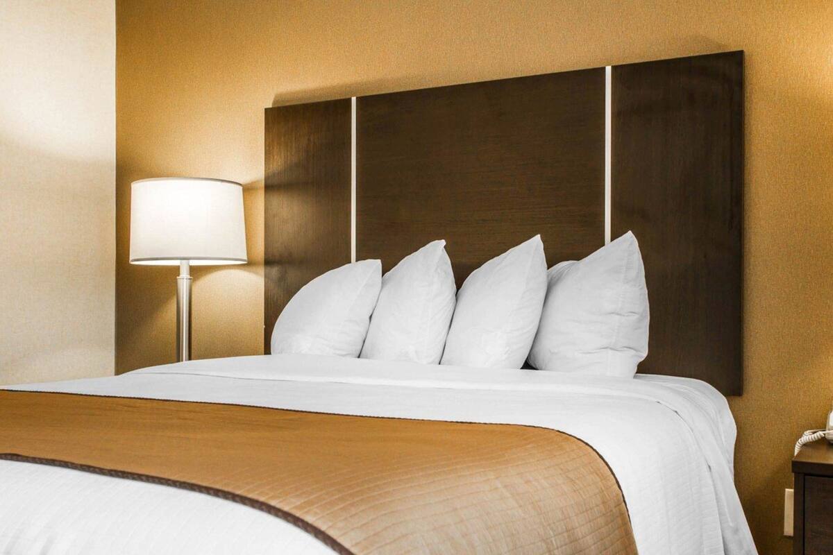 Quarto de hotel com uma cama grande, abajur e cabeceira de madeira.