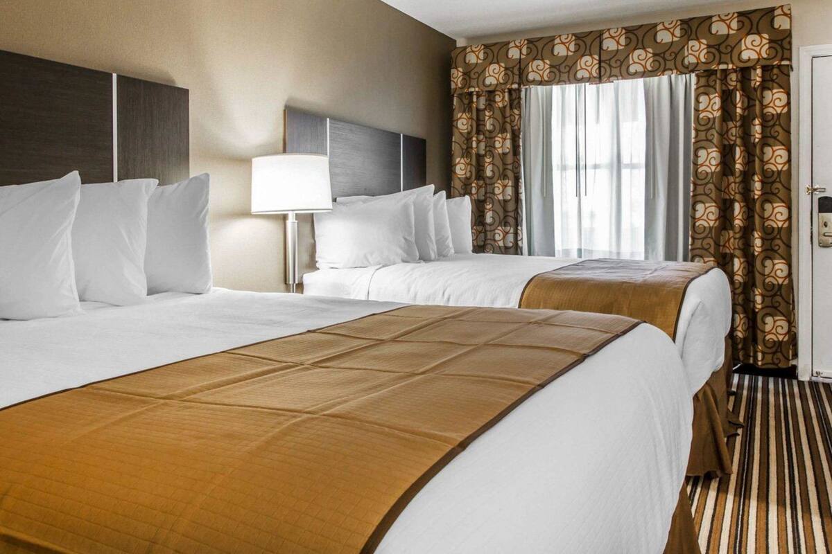 Quarto de hotel com duas camas, mesa de cabeceira, abajur e janela com cortinas.