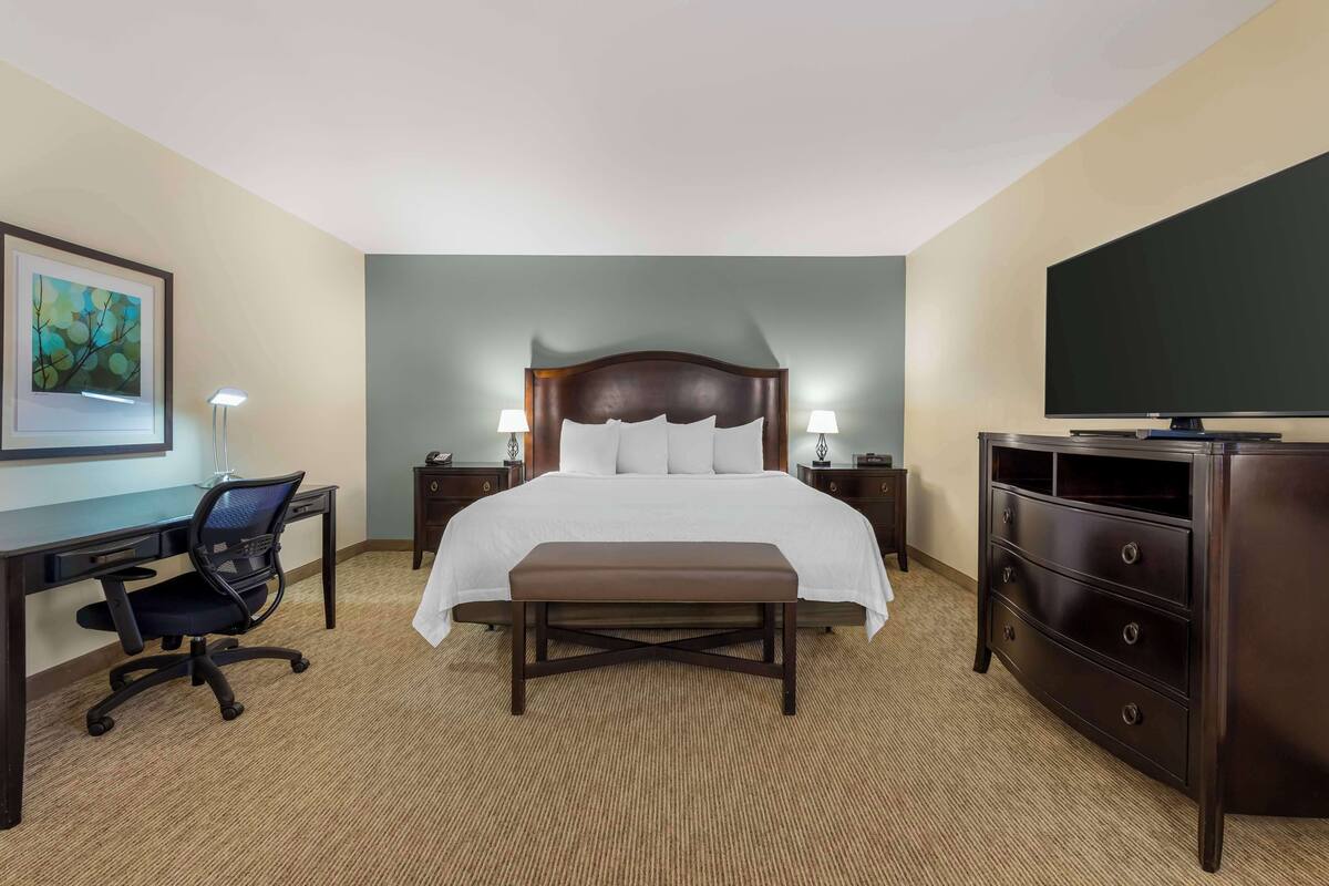 Quarto de hotel com uma cama, mesas de cabeceira, escrivaninha, uma cadeira, televisão e um quadro na parede.
