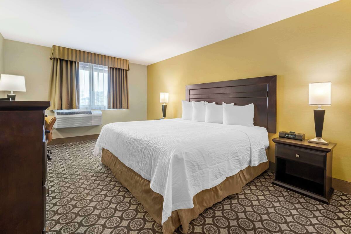 Quarto de hotel com uma cama grande, duas mesas de cabeceira com luminárias, uma escrivaninha com cadeira e uma janela com cortinas.