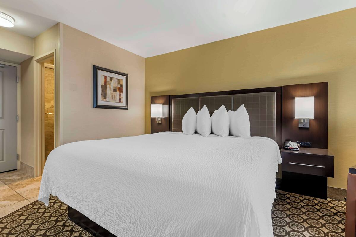 Quarto de hotel com uma cama grande, mesa de cabeceira com abajur e um quadro na parede.