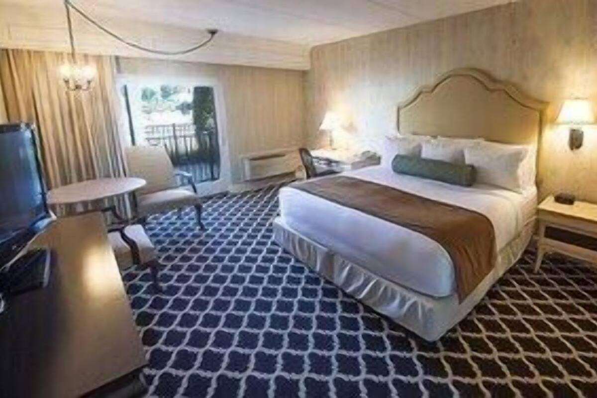 Quarto de hotel com uma cama grande, televisão, escrivaninha e uma cadeira.