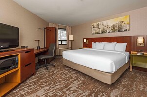 Quarto de hotel com uma cama grande, uma escrivaninha, uma televisão, micro-ondas e uma cadeira.
