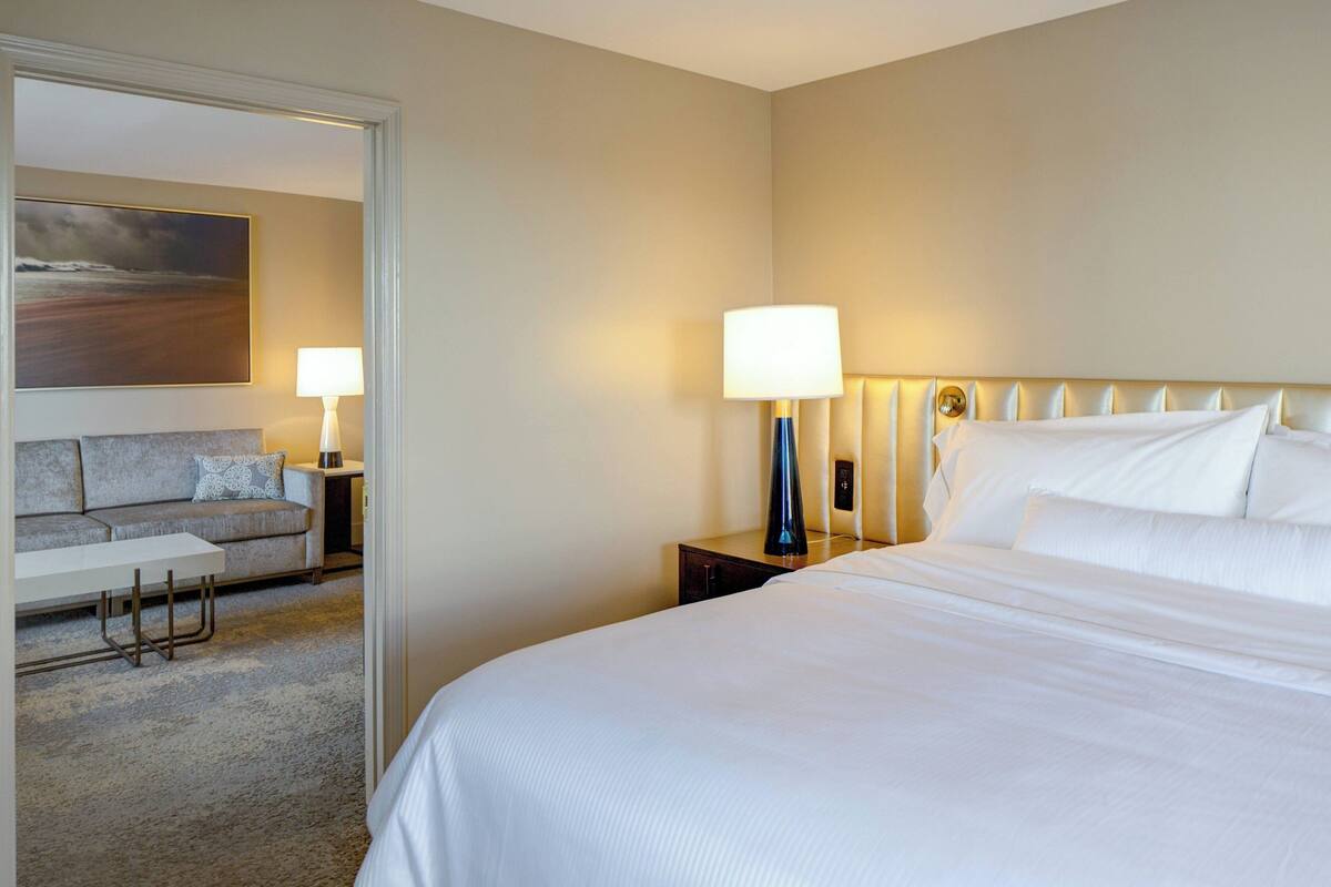 Quarto de hotel com uma cama grande, um sofá e duas luminárias de cabeceira.
