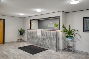 Uma área de recepção com design moderno, destacando-se um balcão de atendimento, plantas em vasos e um piso limpo e revestido de azulejos.