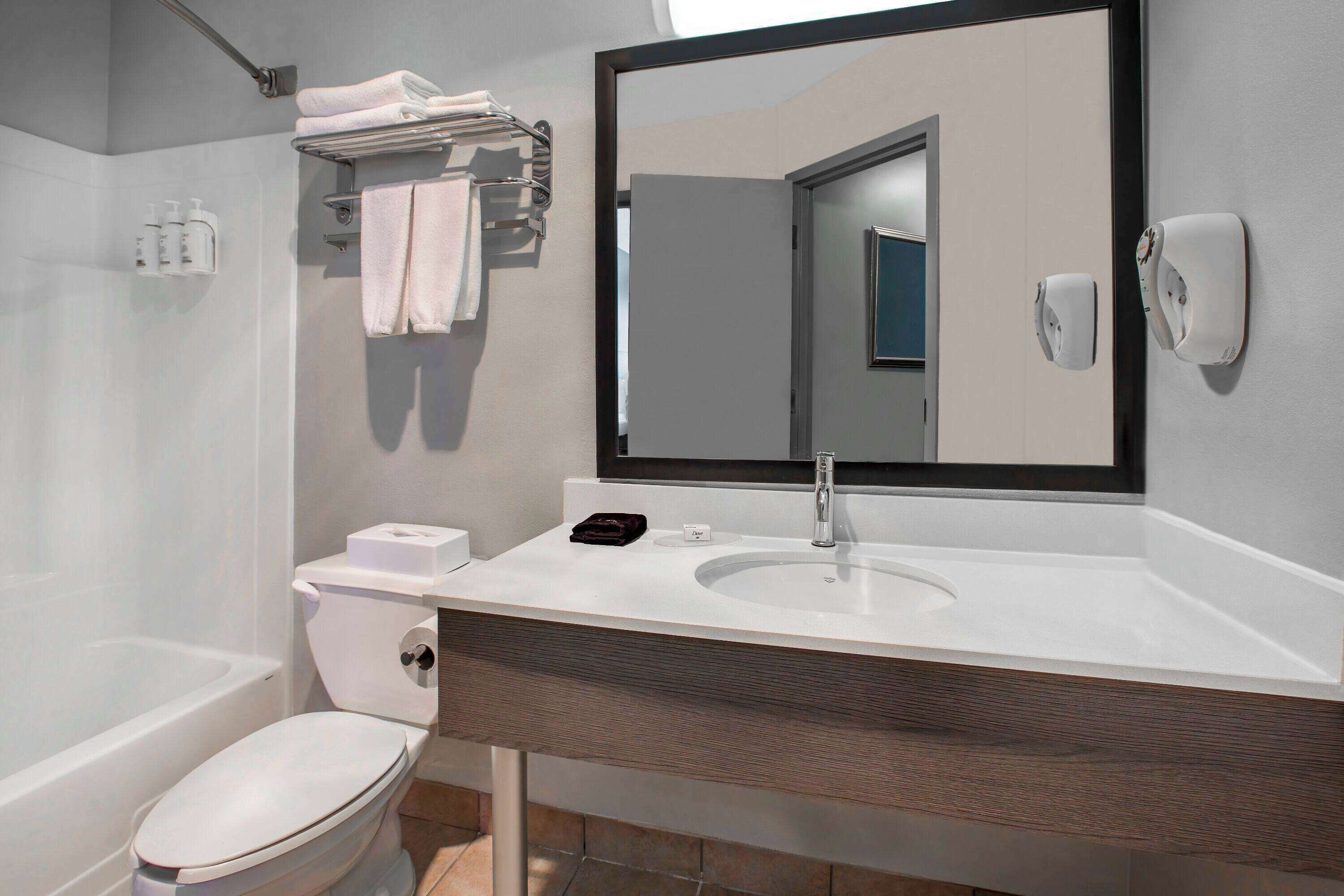 Uma casa de banho moderna com uma sanita, um lavatório branco, um espelho grande e um porta-toalhas.