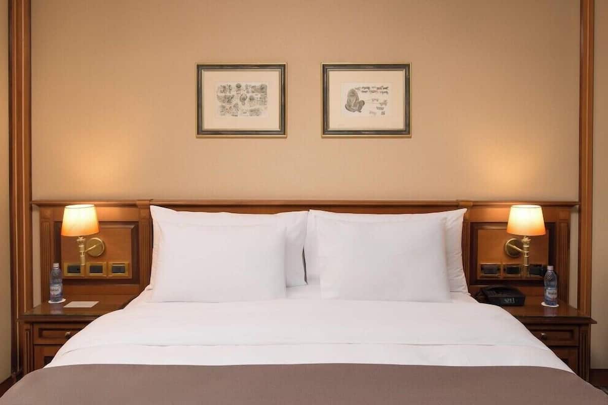 Quarto de hotel com uma cama grande, duas luminárias de cabeceira e duas quadros na parede.