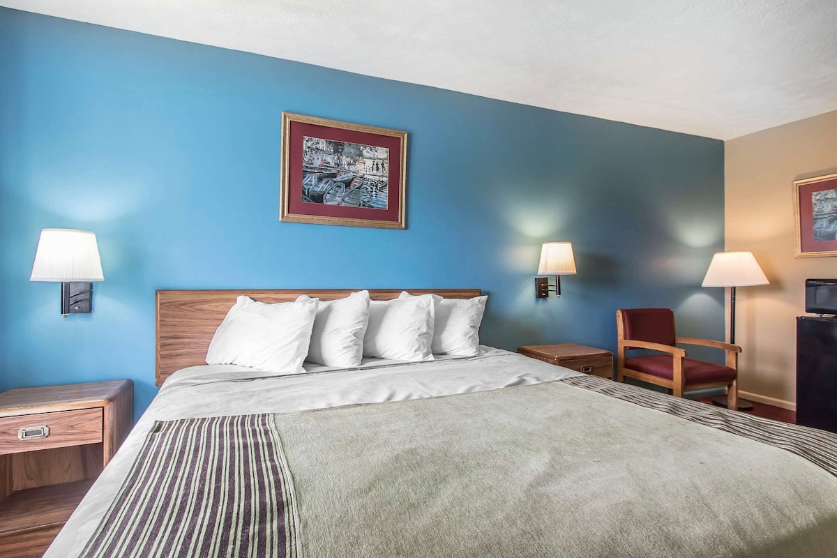 Quarto de hotel com cama, duas luminárias de cabeceira, uma cadeira, televisão e um quadro na parede.
