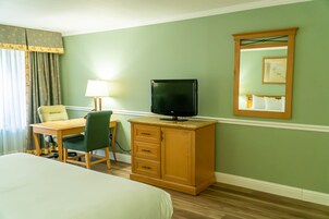 Quarto de hotel com uma cama, uma escrivaninha com cadeira, uma televisão sobre um móvel de madeira e um espelho na parede.