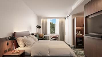 Roupas de cama premium, camas com colchões pillow-top, frigobar