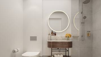 Chuveiro, produtos de toalete biodegradáveis, secador de cabelo