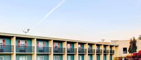 Um motel com uma fileira de quartos, cada um com varanda e pequeno jardim frontal.