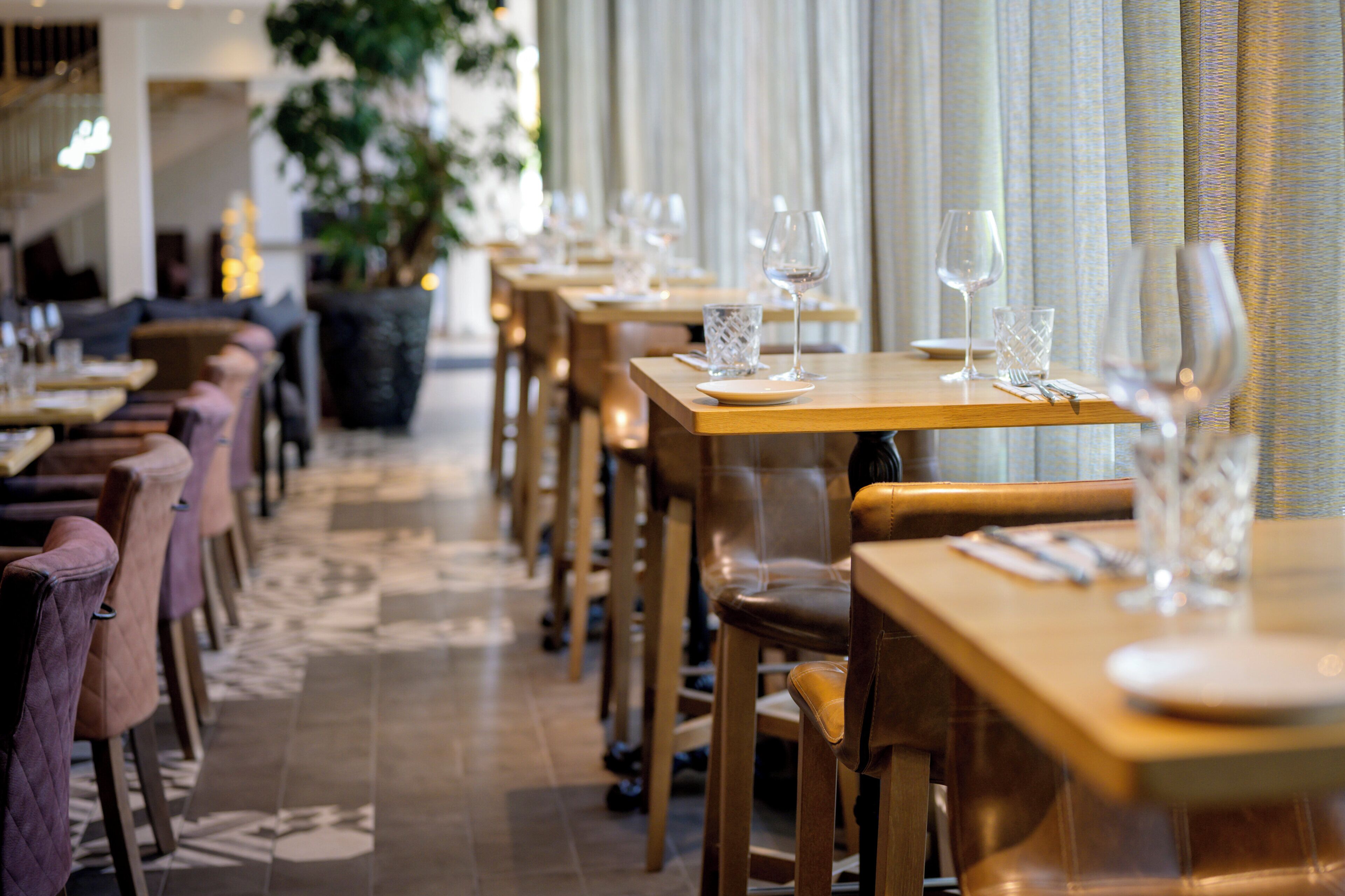 Interior de restaurante com mesas e cadeiras de madeira, copos de vidro transparentes e um vaso de planta.