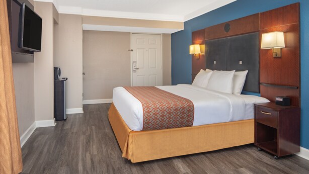 Quarto de hotel com uma cama, mesa de cabeceira, televisão e porta.
