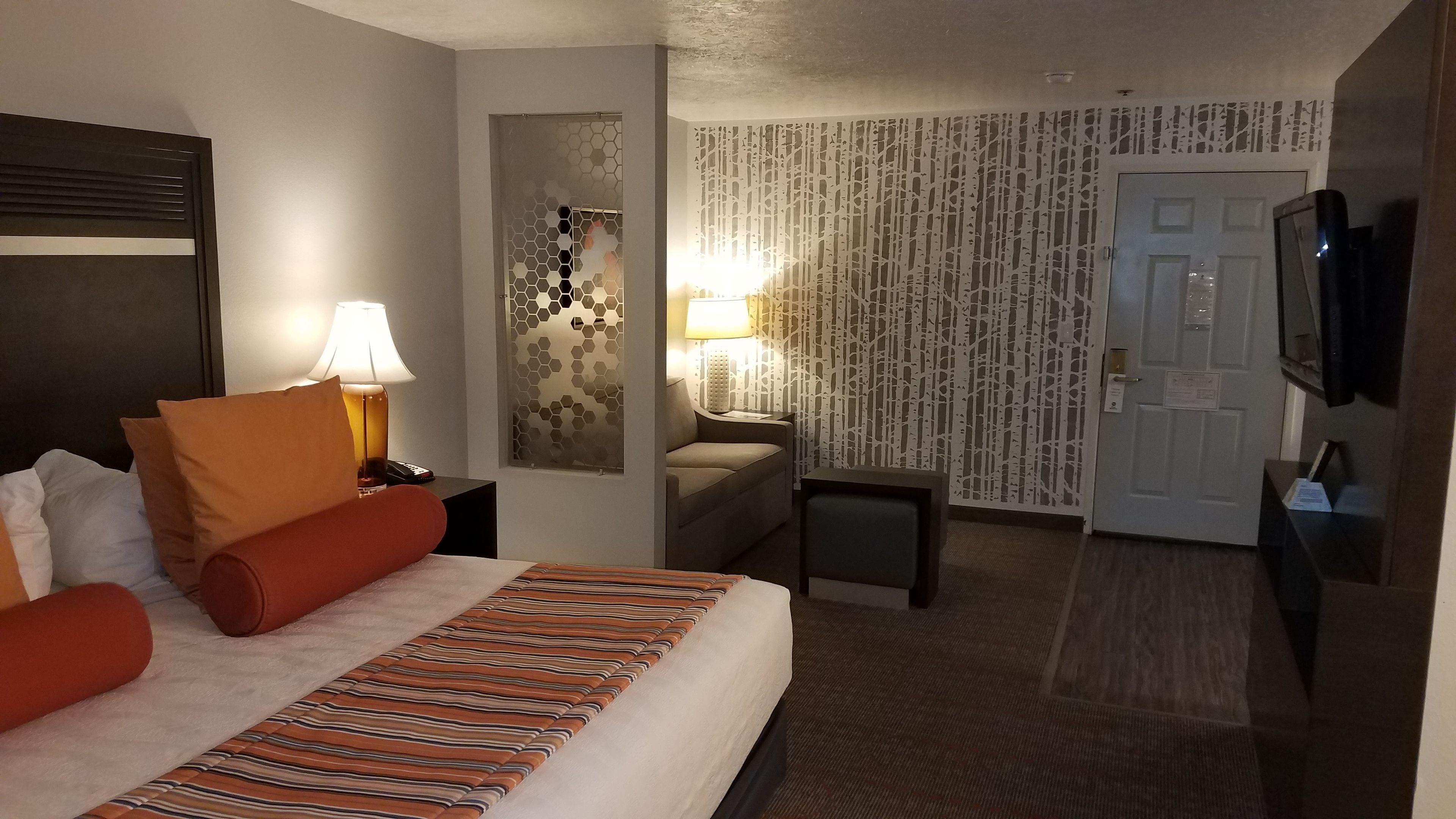 Quarto de hotel com cama, mesa de cabeceira com luminária, cadeira, televisão e porta.