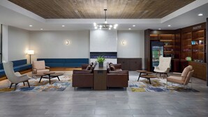 Um hall com design moderno, com área de estar com sofás e poltronas, lareira e despensa com prateleiras.