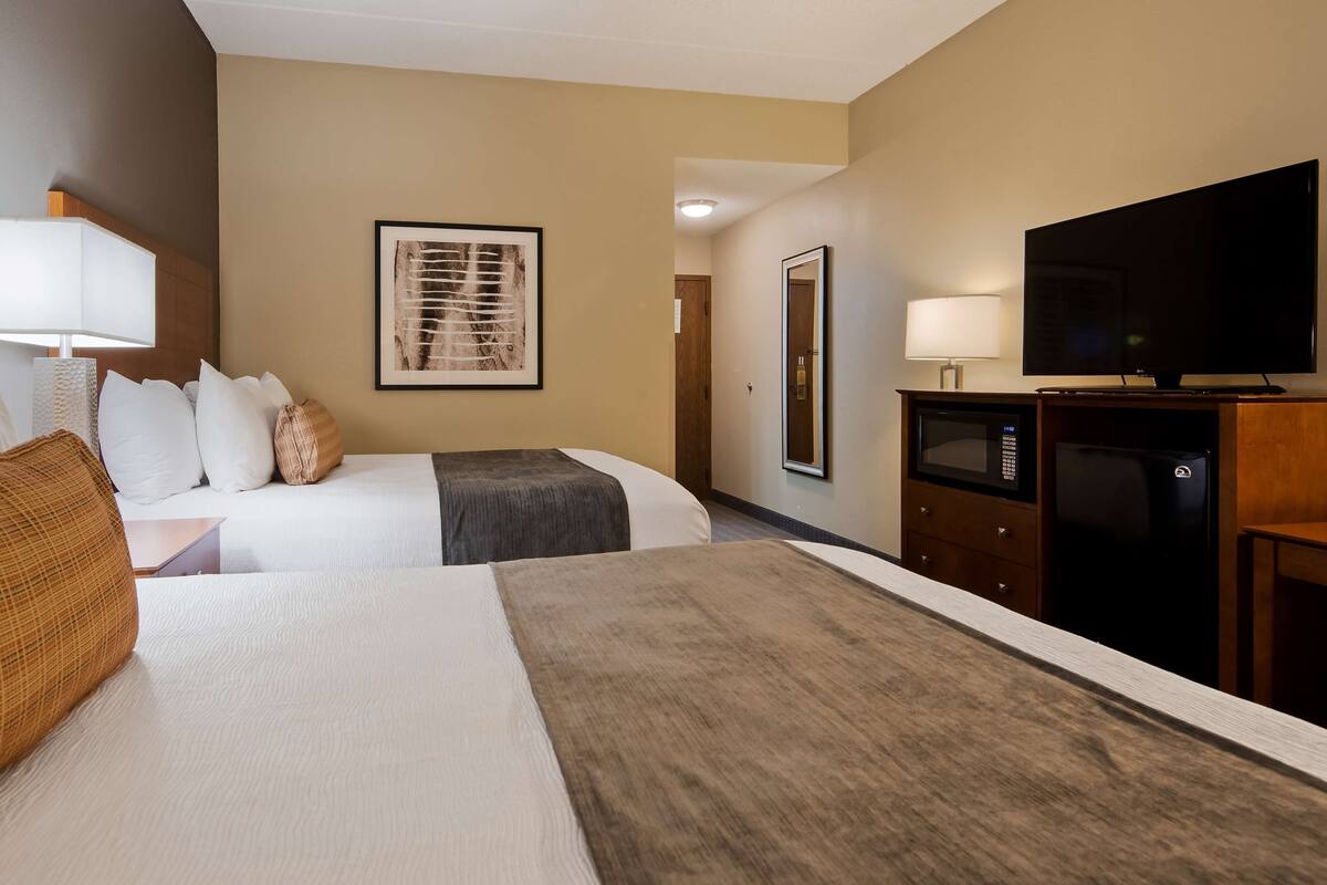 Quarto de hotel com duas camas, televisão, micro-ondas e um quadro na parede.