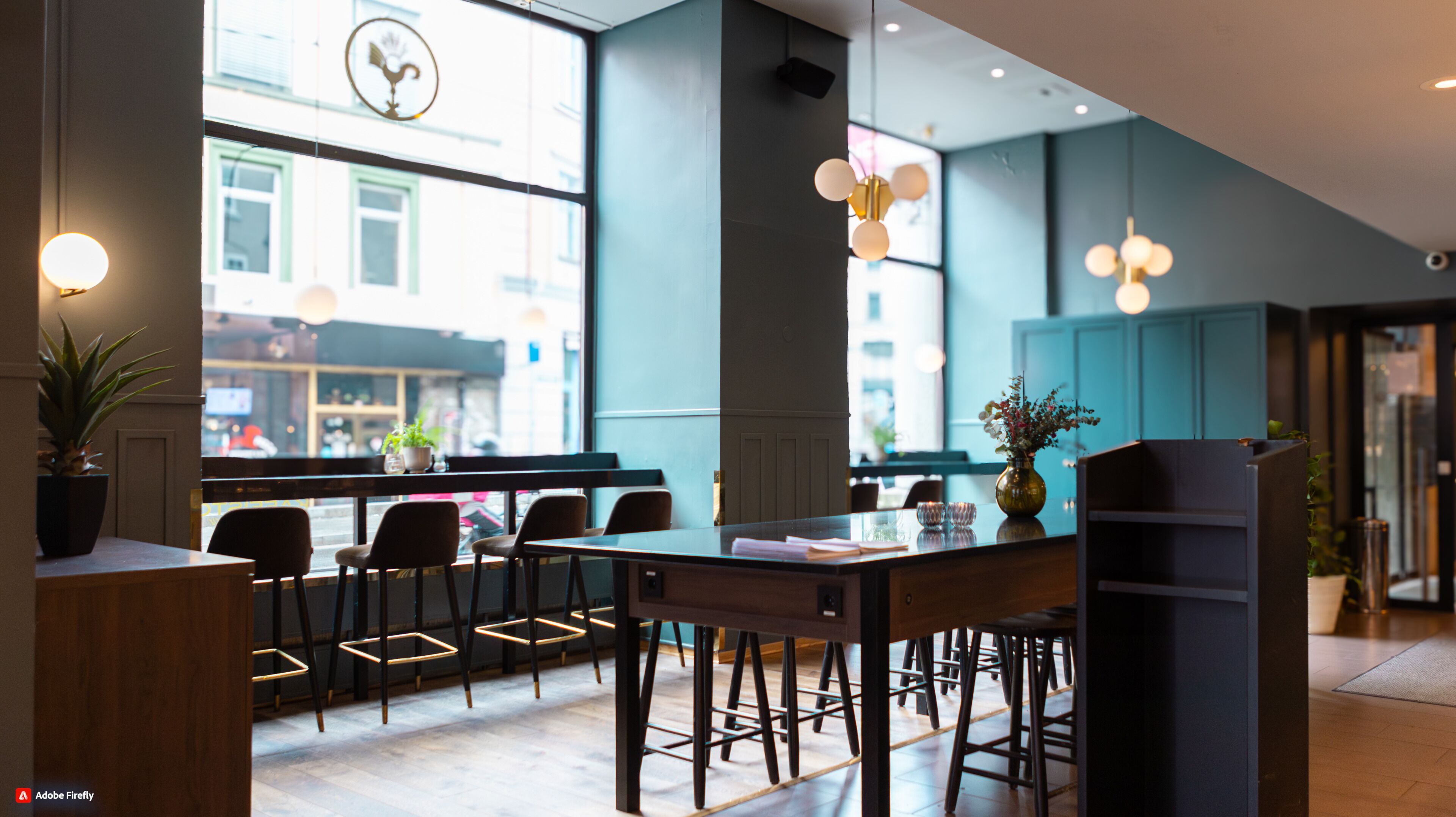 Restaurante moderno com balcão longo, banquetas e iluminação pendente.