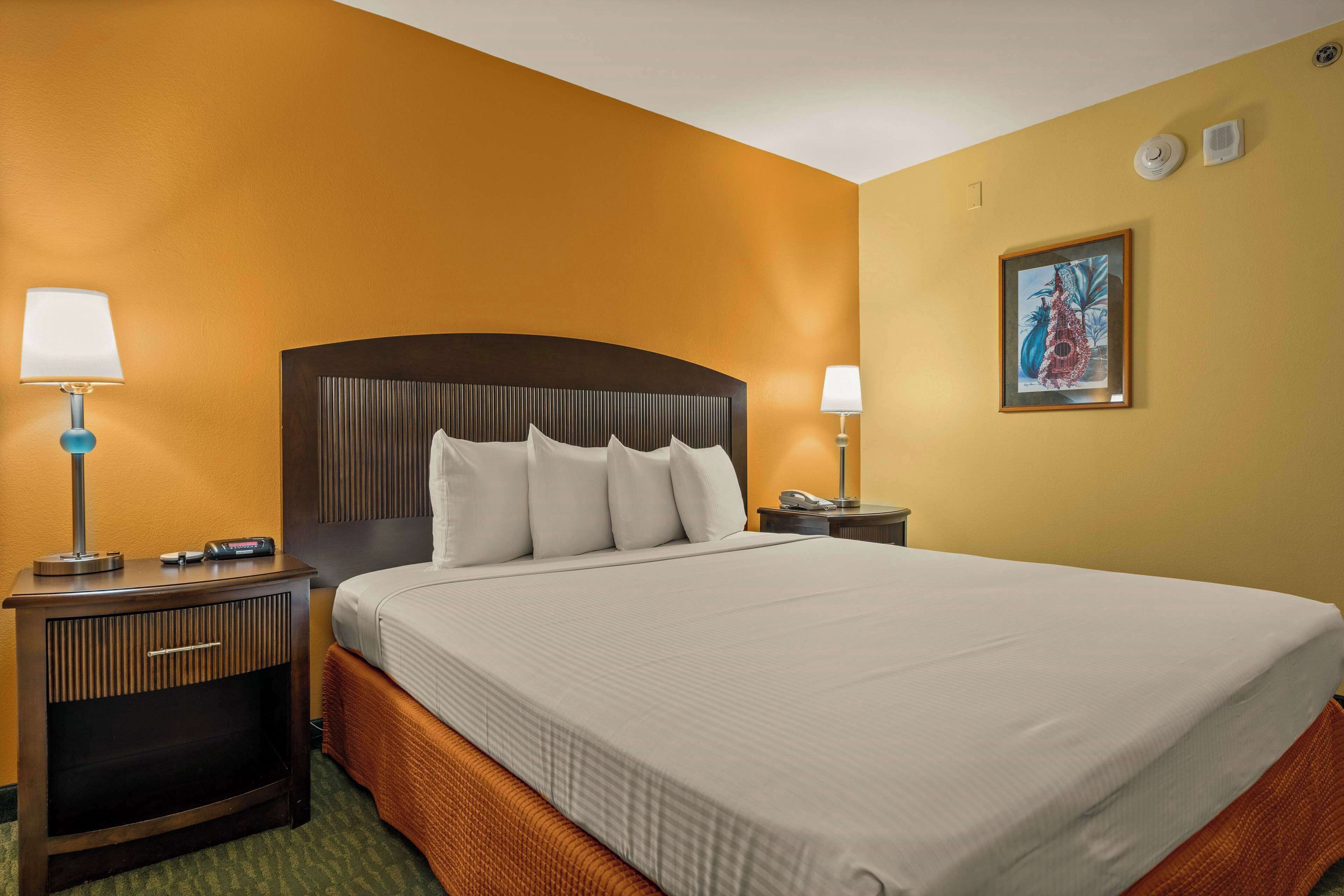 Quarto de hotel com uma cama grande, duas mesas de cabeceira com luminárias, um quadro na parede e um termostato.