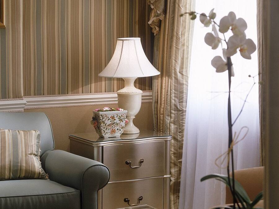Quarto com sofá, luminária, um objeto decorativo e uma planta.