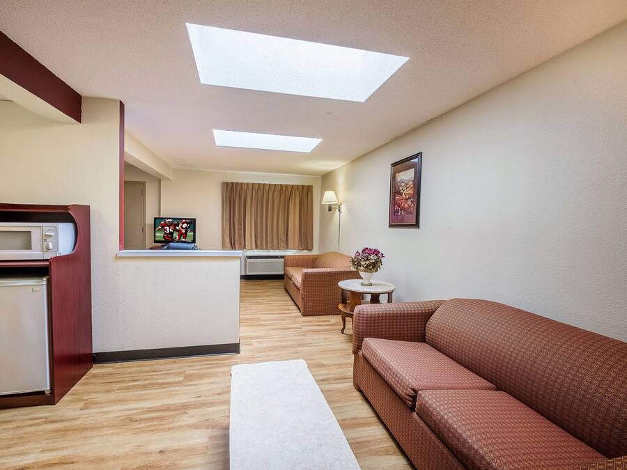 Quarto de hotel com cozinha compacta, televisão de tela plana, sofá, mesinha com um vaso e um quadro na parede.