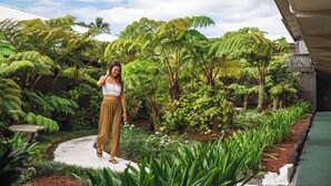 Uma pessoa em um jardim exuberante, com samambaias e plantas tropicais.