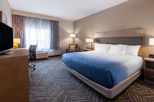 Quarto de hotel com uma cama grande, uma escrivaninha, uma cadeira, televisão e janela com cortinas.