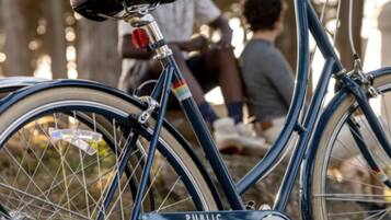 Uma bicicleta com a etiqueta 'PUBLIC' na estrutura, posicionada em um ambiente natural com árvores e pessoas ao fundo.
