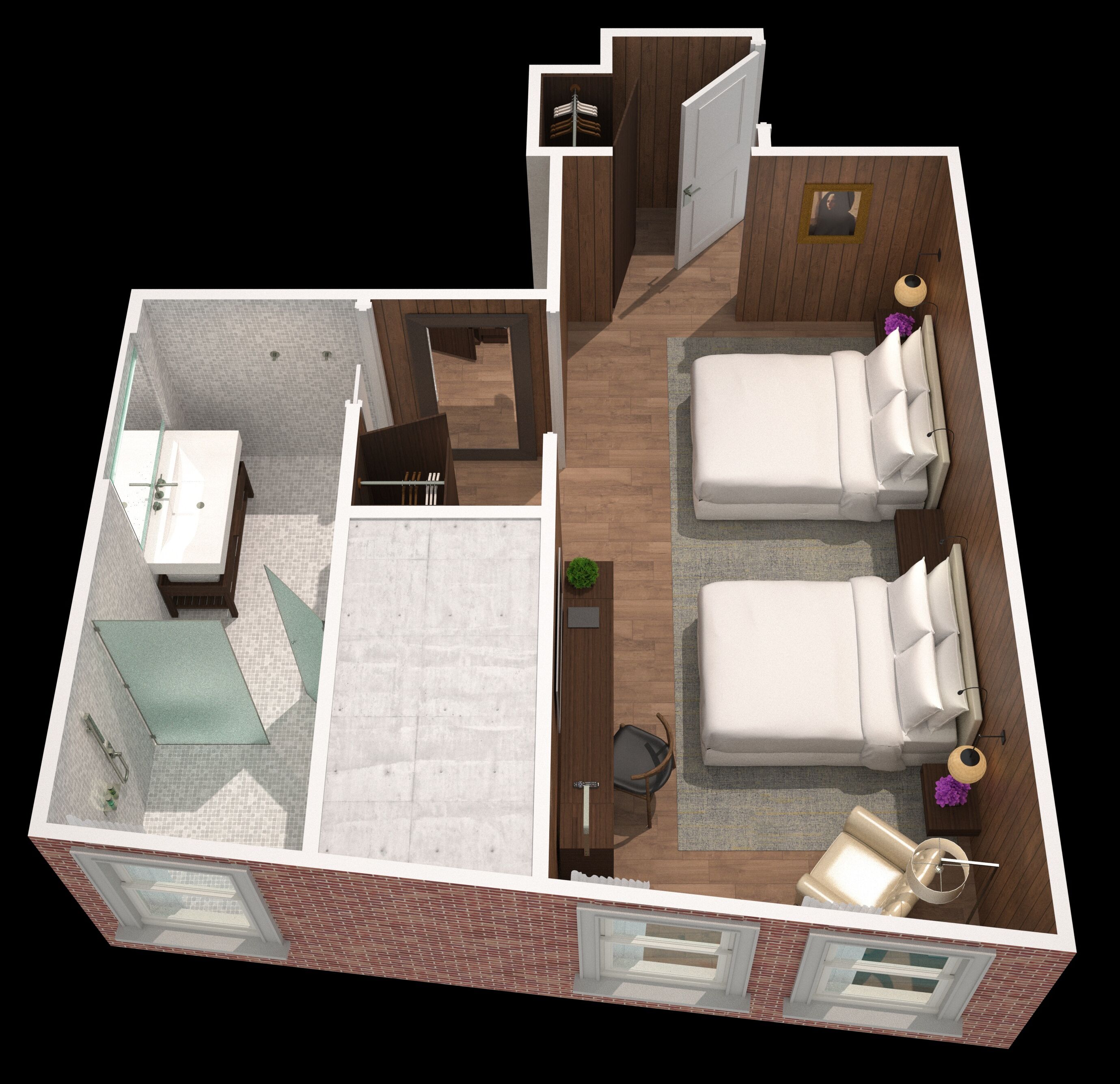 Modelo 3D de um quarto de hotel com banheiro, área de estar e duas camas.