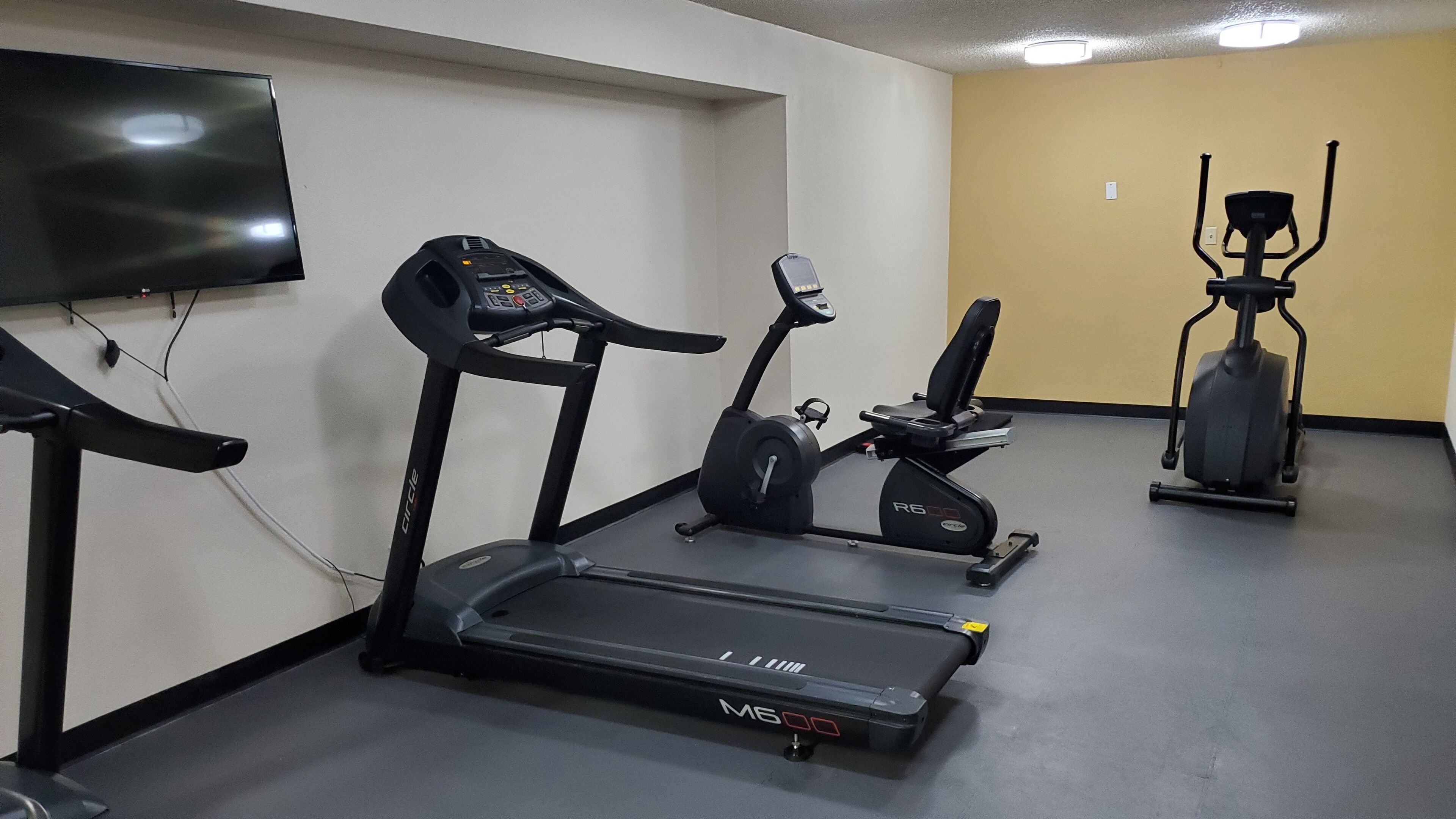 Uma academia com esteiras, elípticos e bicicleta ergométrica.
