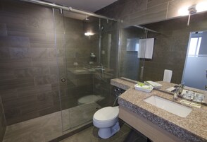 Casa de banho moderna com cabine de duche em vidro, sanita e bancada de granito com lavatório e espelho.