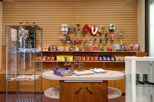 Uma loja de varejo com prateleiras de lanches, uma exposição de brinquedos de pelúcia e uma vitrine com diversos artigos.