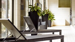 Área interna iluminada pelo sol, com cadeiras de estar e plantas em vasos.