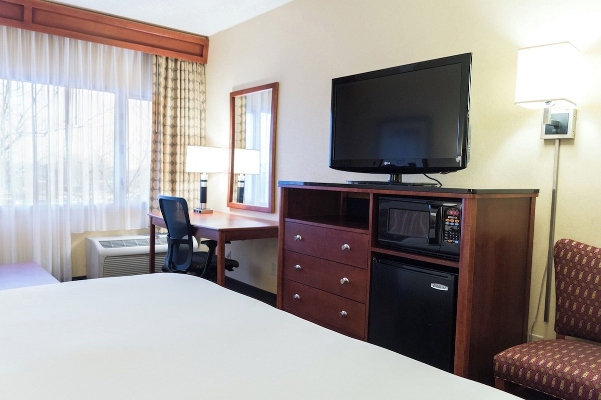 Quarto de hotel com cama, escrivaninha com cadeira, televisão, micro-ondas e luminária.