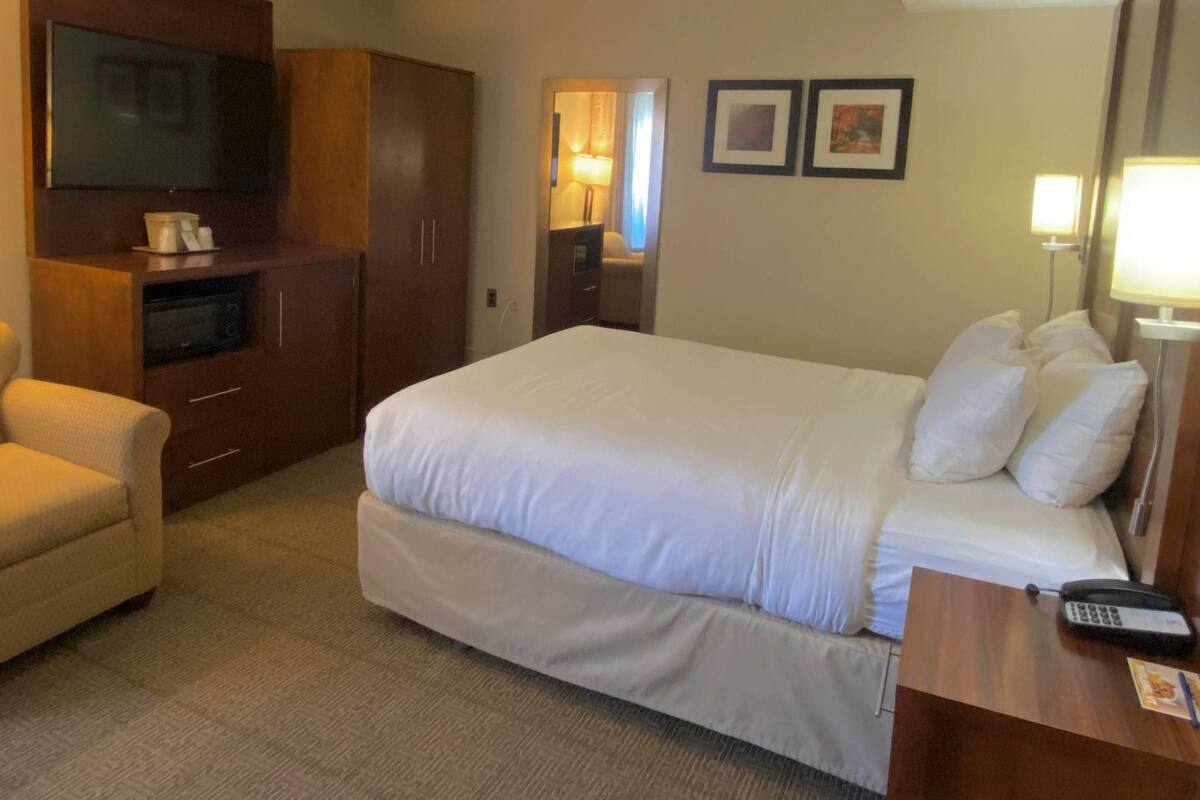 Quarto de hotel com uma cama, uma escrivaninha com telefone, televisão e guarda-roupa.