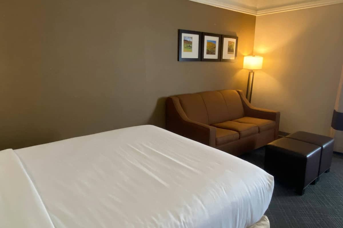 Quarto de hotel com uma cama grande, um sofá marrom, uma mesa pequena e um abajur.