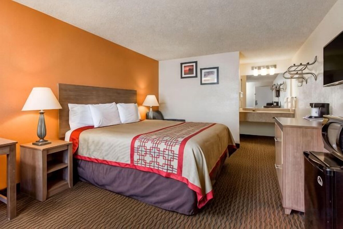 Quarto de hotel com cama, luminárias de cabeceira, escrivaninha, televisão e espelho.