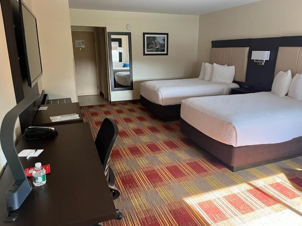 Quarto de hotel com duas camas, uma escrivaninha com cadeira, televisão e carpete estampado.