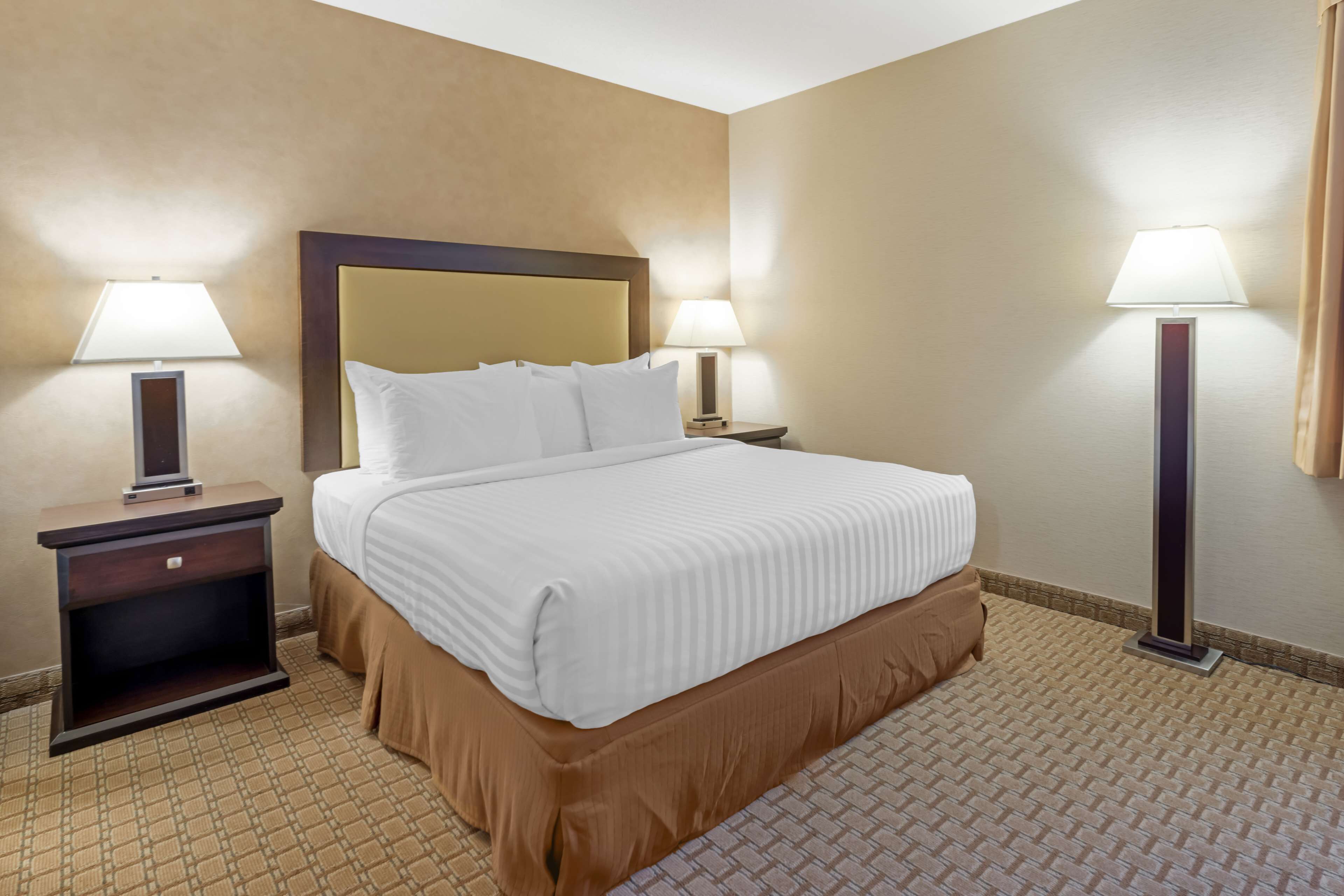 Quarto de hotel com uma cama grande, duas mesas de cabeceira e duas luminárias.