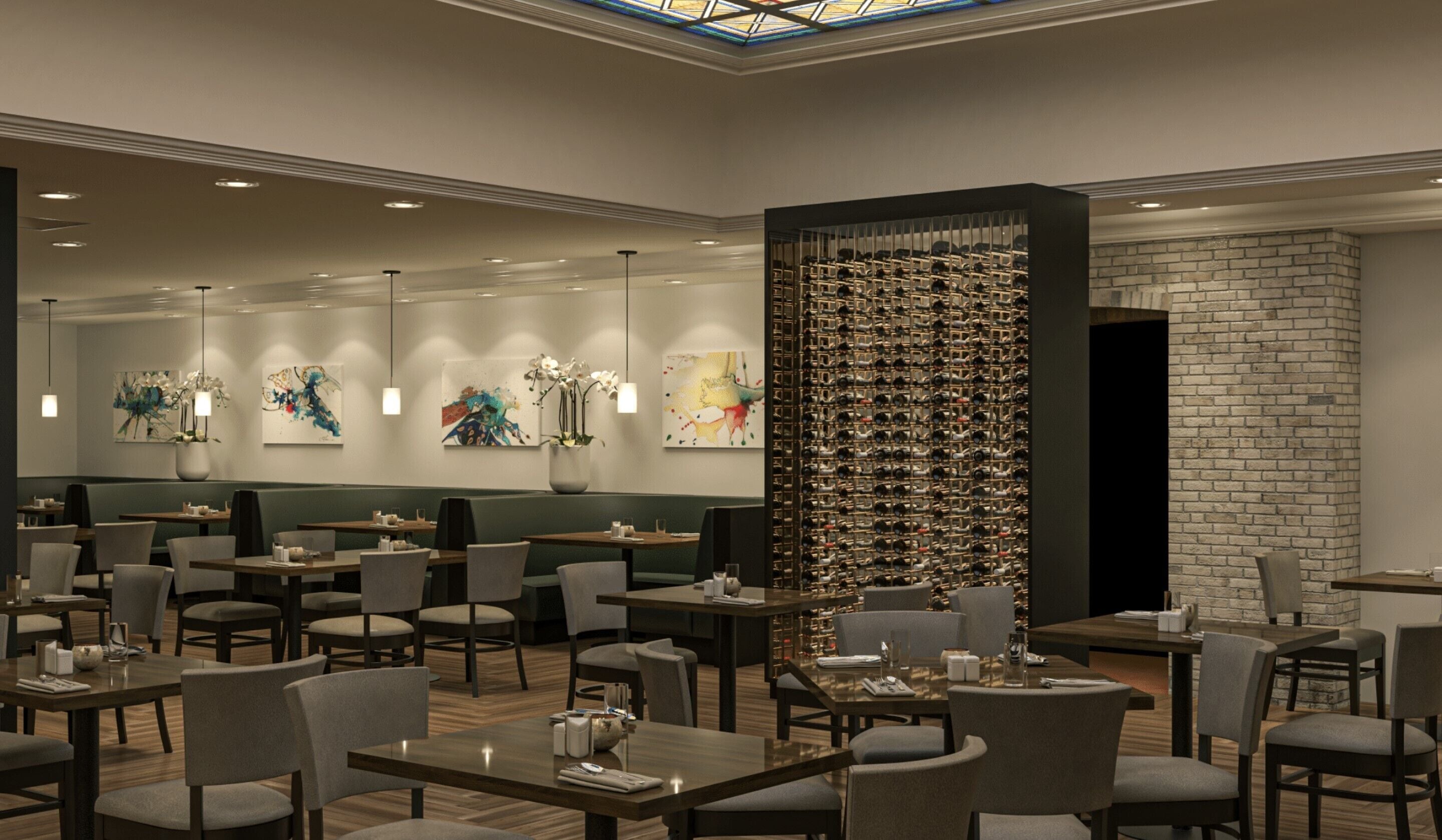 Restaurante moderno com teto alto, iluminação embutida e parede de tijolos. Mesas dispostas em disposição informal com cadeiras.