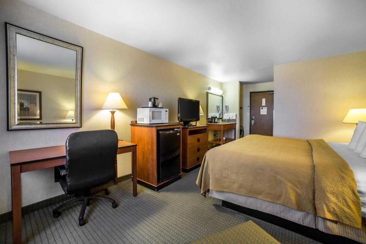 Quarto de hotel com cama, escrivaninha, cadeira, televisão, micro-ondas e espelho.
