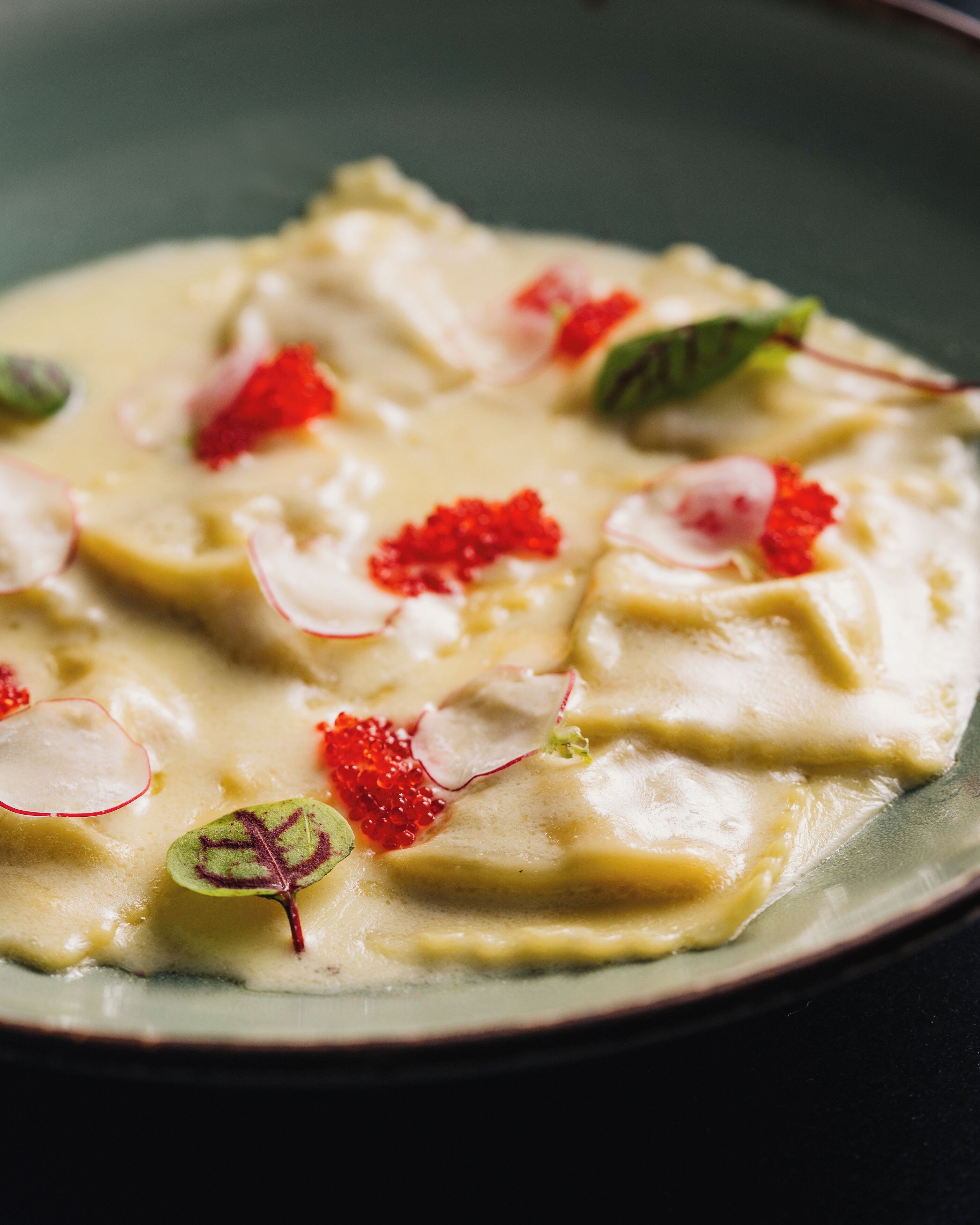 Prato de comida com molho cremoso, fatias de rabanete e caviar vermelho.