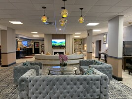 Um hall de hotel com área de estar, com sofás estofados, uma mesa de centro redonda e iluminação decorativa. Uma TV de tela plana está fixada na parede, e uma lareira é visível ao fundo.