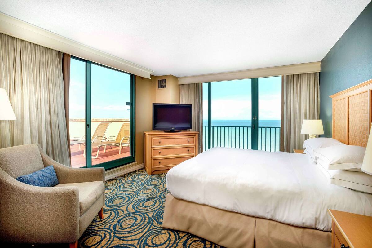 Quarto de hotel com uma cama grande, televisão, cadeira e varanda com vista para o oceano.