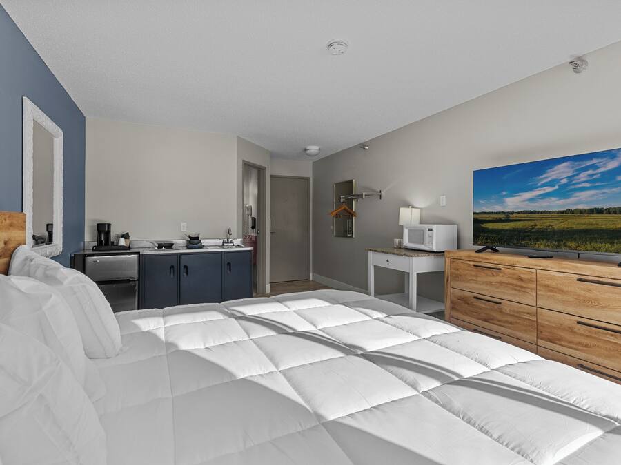 Quarto com cama, cômoda, televisão, escrivaninha e janela com vista para um campo.