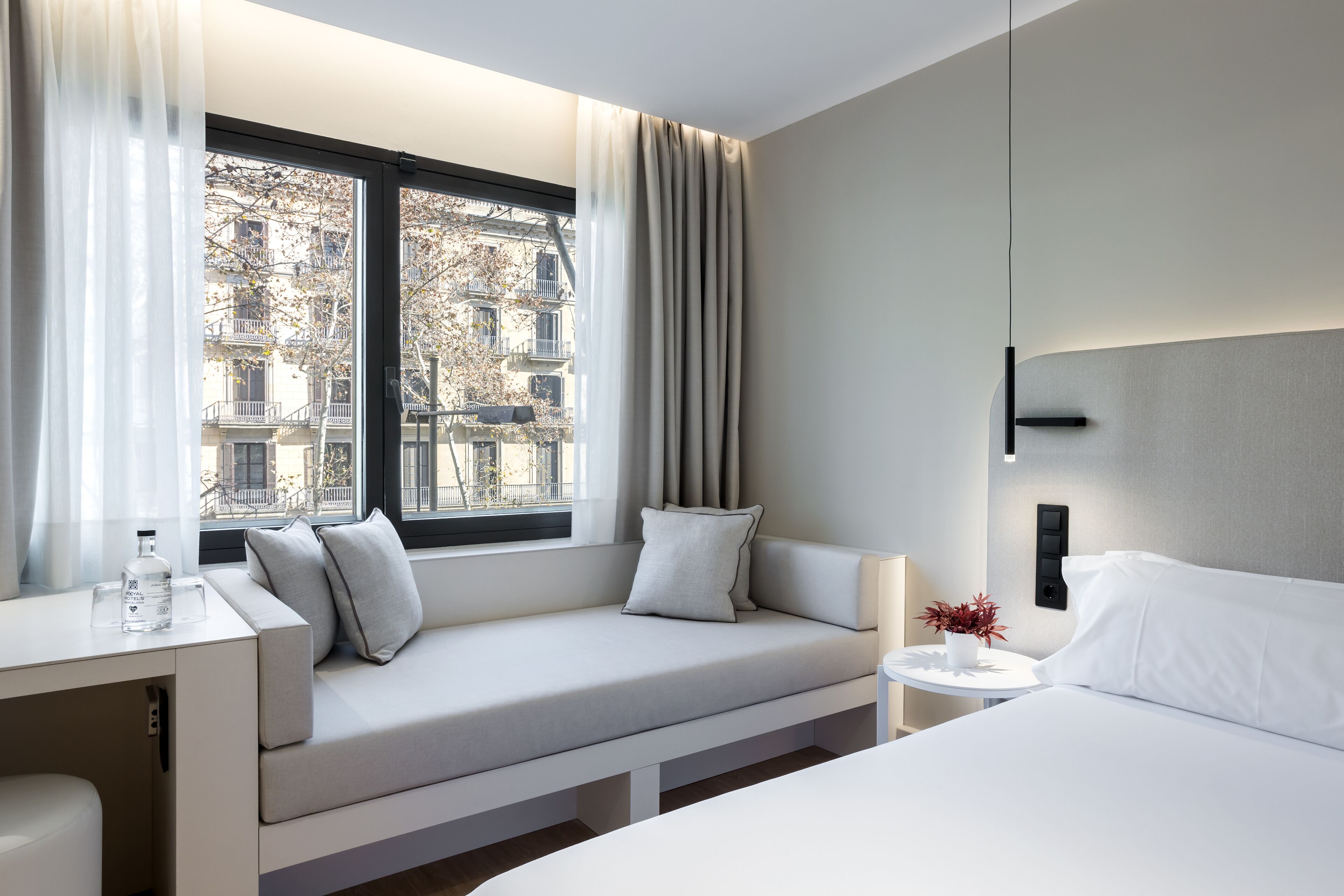 Quarto de hotel moderno com uma janela grande, um sofá-cama, uma mesa de cabeceira e uma pequena mesa redonda com uma planta.
